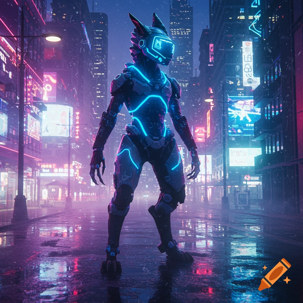 A Protogen with glowing blue lines stands on a rainy street in a neon ...