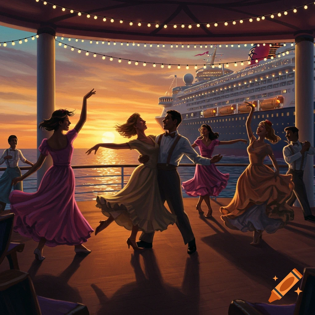 Stylized illustration of a group of Black dancers performing energetically on stage in a lively ...