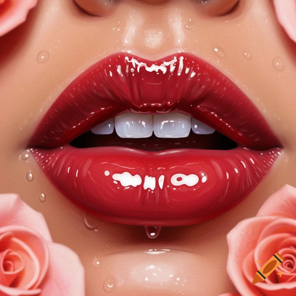 Close-up of glossy red lips with water droplets and pink roses. Detailed, photorealistic style ...
