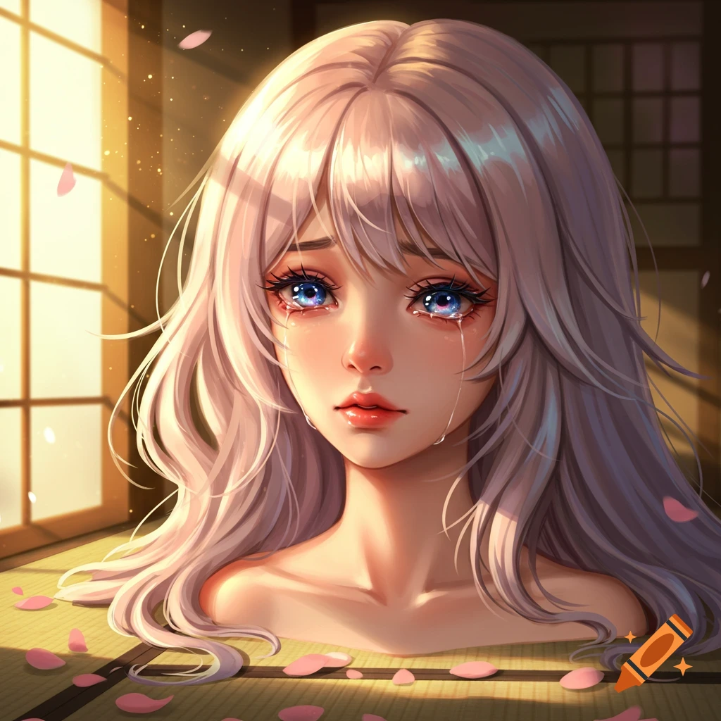 Anime girl crying with long light hair and big blue eyes, surrounded by ...