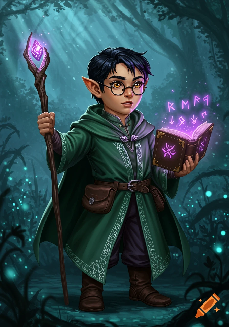 A young gnome wizard with short black hair, amber eyes, and glasses ...