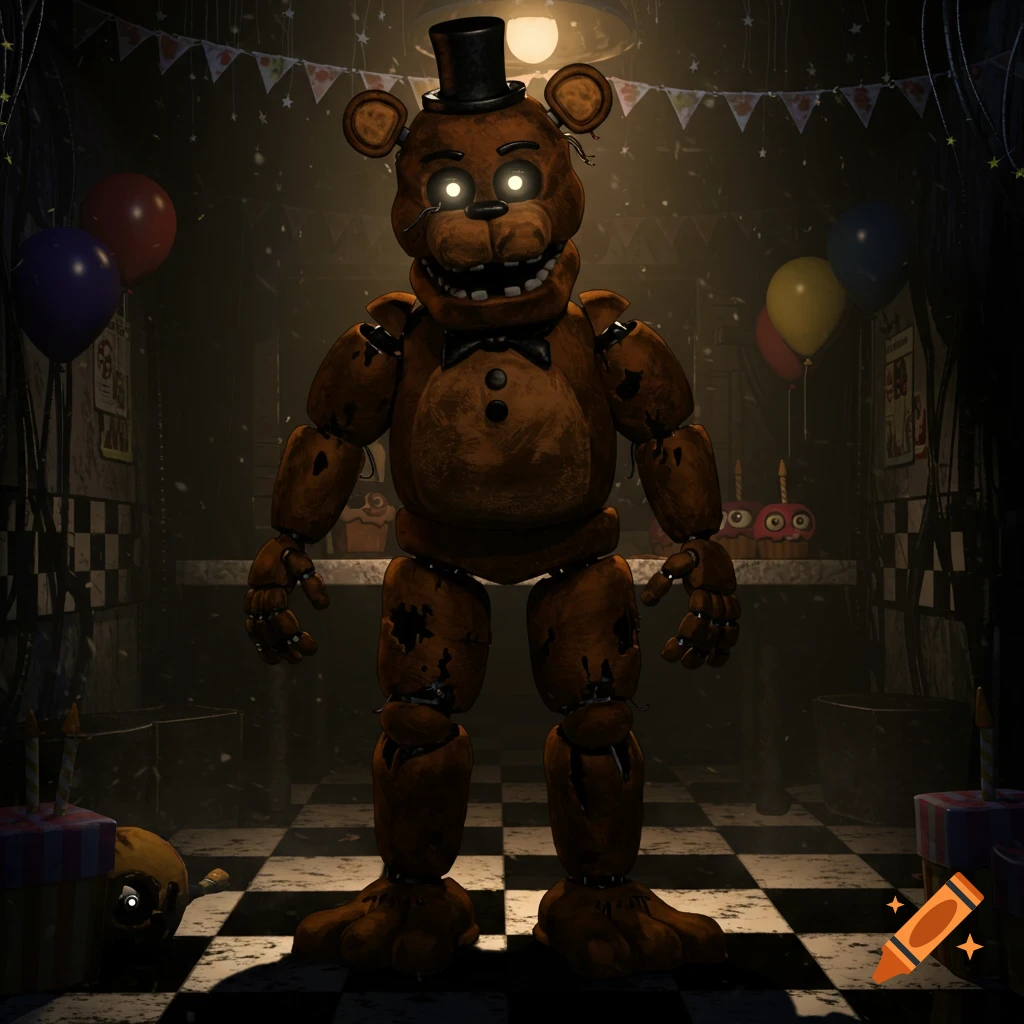 A rusty Freddy Fazbear animatronic with glowing red eyes stands in a ...