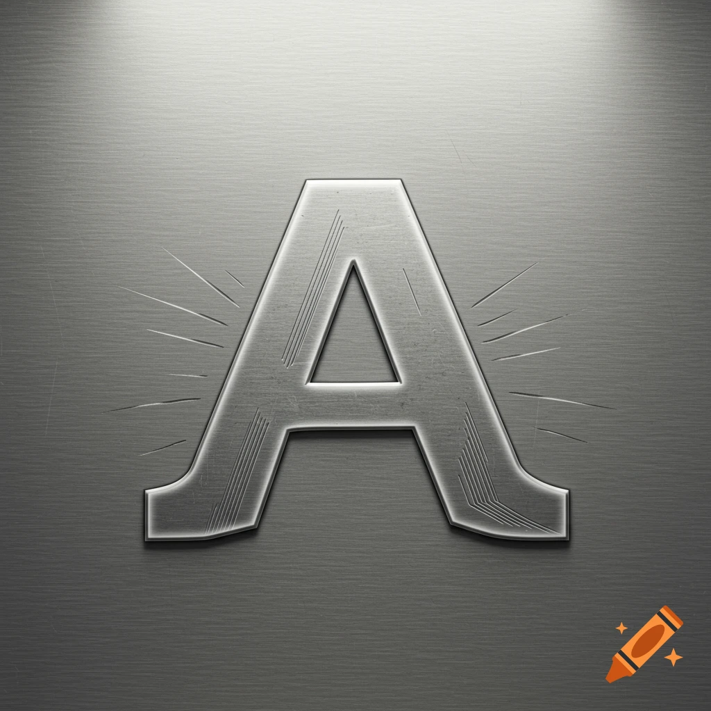 A metallic letter A, embossed on a brushed aluminum background with ...
