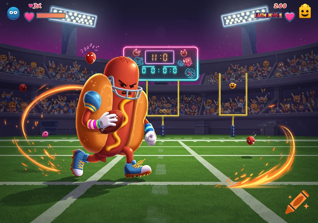 A cartoon slice of toast with a happy face, wearing goalie gloves, dives left to save a soccer ...