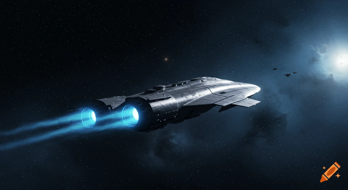 A sleek, dark gray futuristic spaceship with glowing blue engines ...