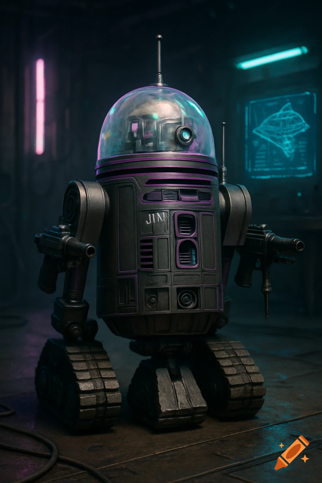 Gunmetal grey R3 astromech droid with purple accents, clear dome head ...