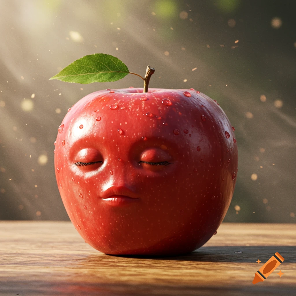 Realistic red apple with human-like closed eyes, eyelashes, and ...