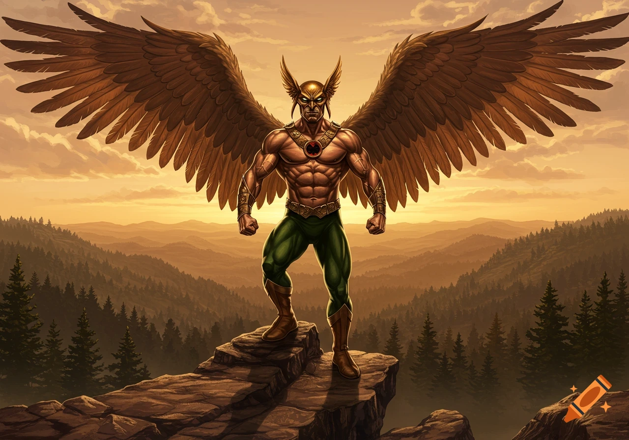 Muscular anthropomorphic eagle man with large wings, wearing ripped ...