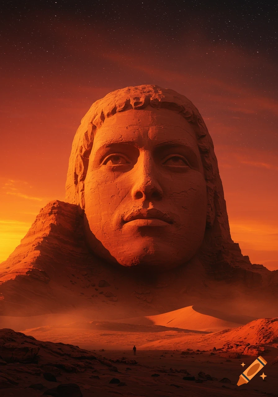 A colossal weathered stone face statue in a vast red desert under a ...