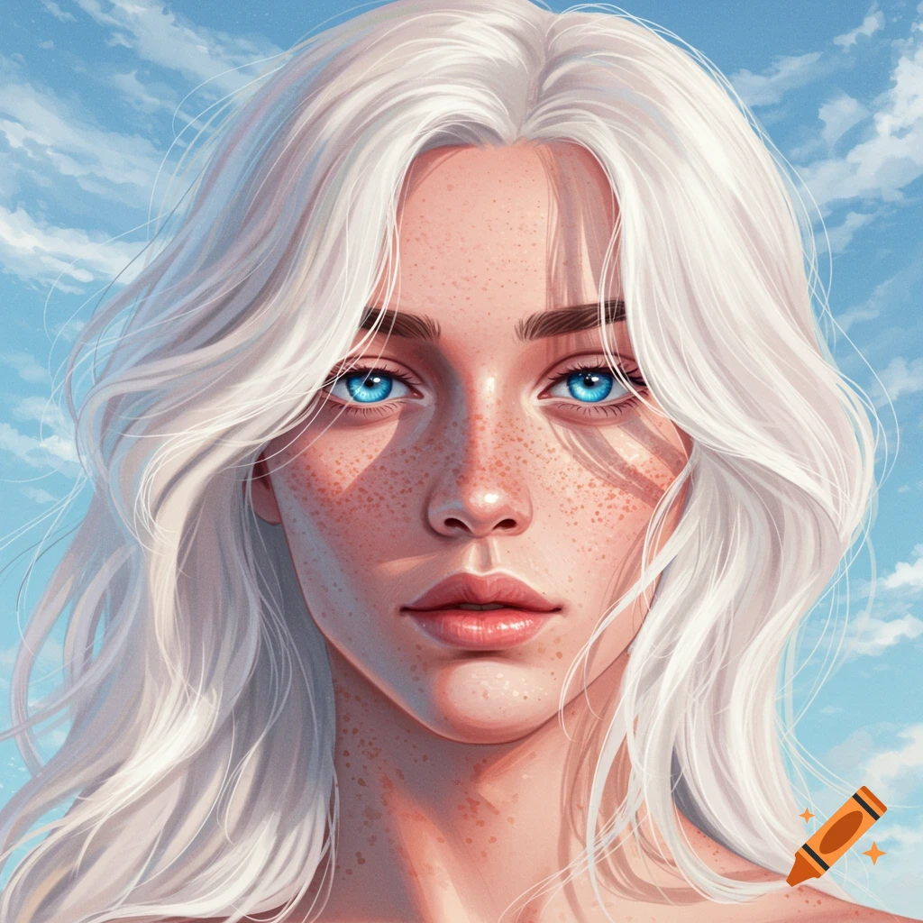 Close-up digital painting of a woman with long white hair, bright blue ...