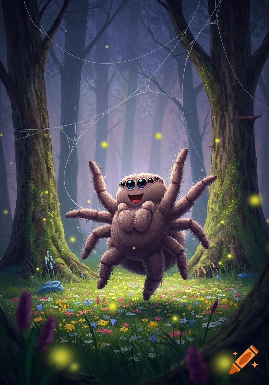 A cute, fluffy, cartoonish jumping spider with big eyes dances joyfully ...