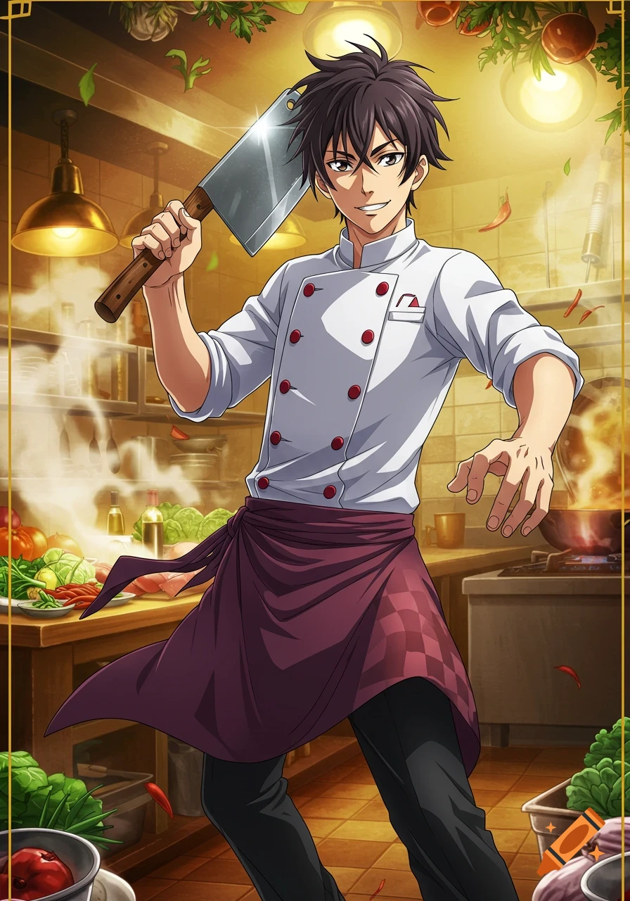 A young anime male chef with dark hair smiles while holding a large ...