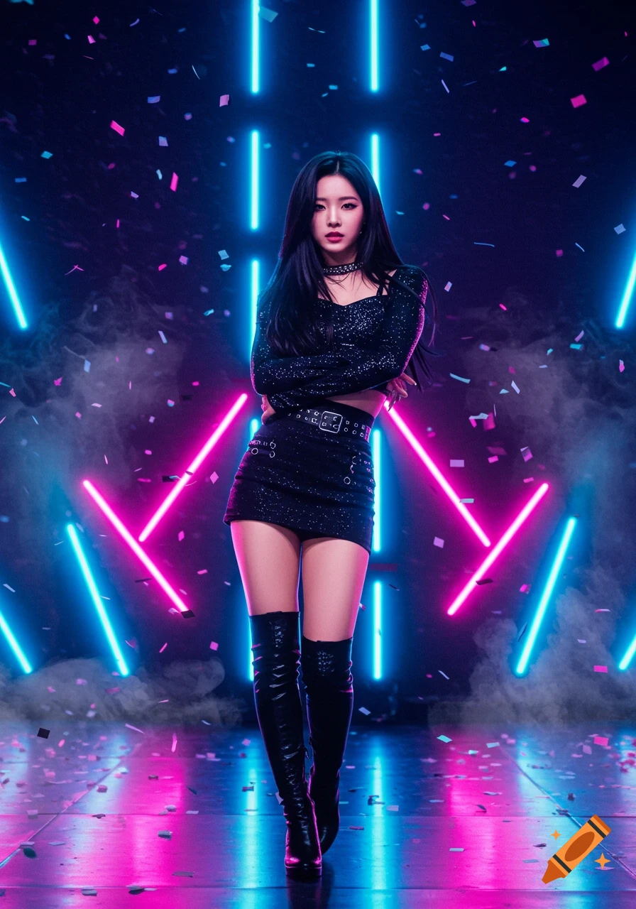 A woman in a black sparkling outfit and thigh-high boots stands among ...