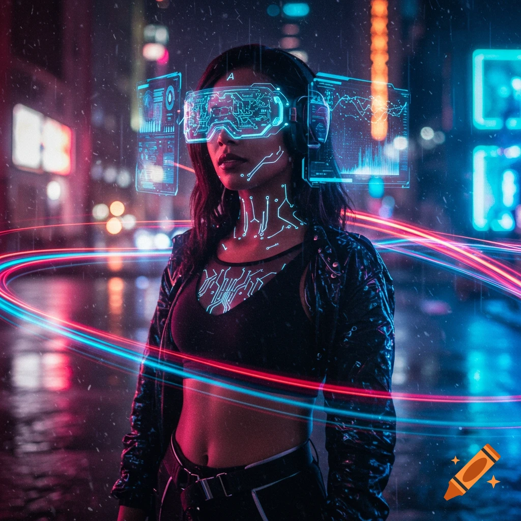 A person wearing glowing VR goggles and circuit patterns, standing in a ...