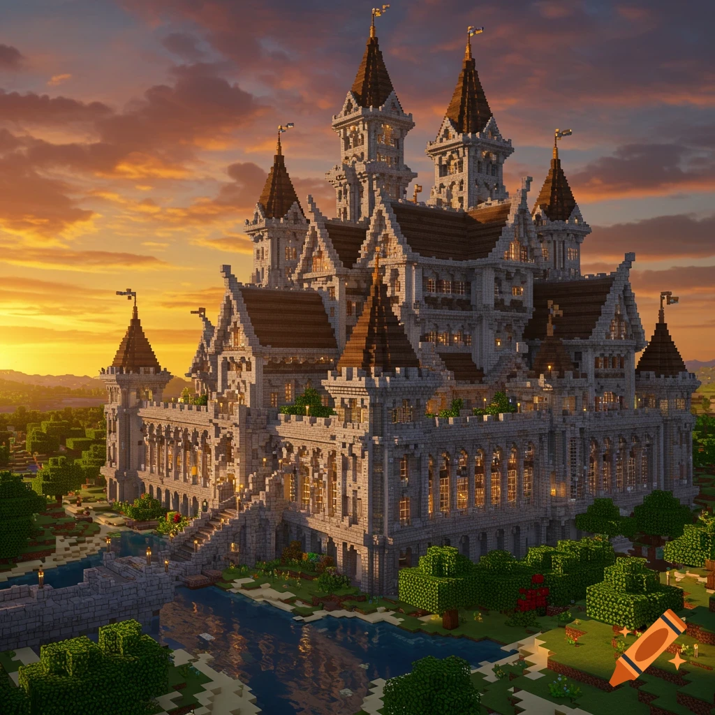 A grand, intricate Minecraft-style castle with many spires and towers ...