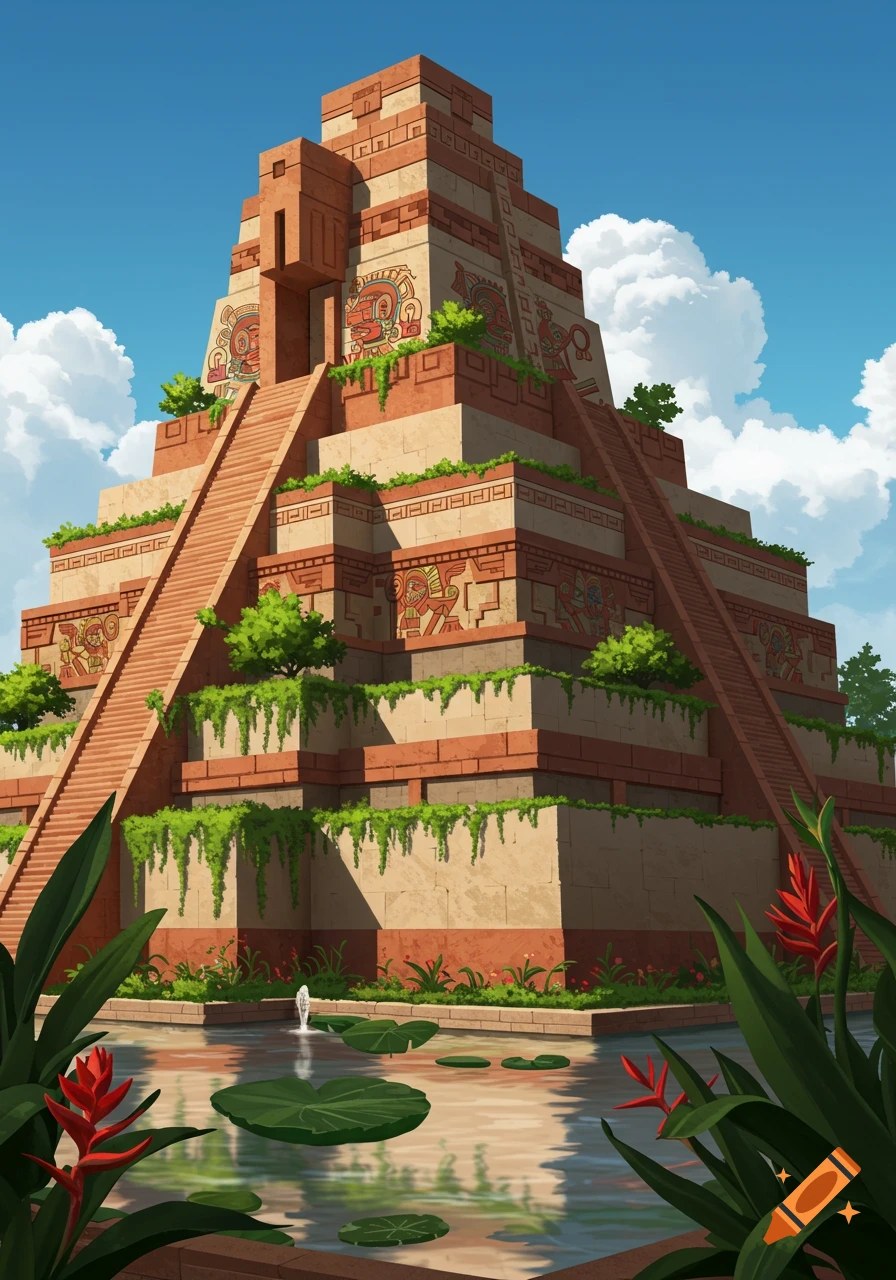 Stylized illustration of an ancient Aztec-like pyramid temple with ...