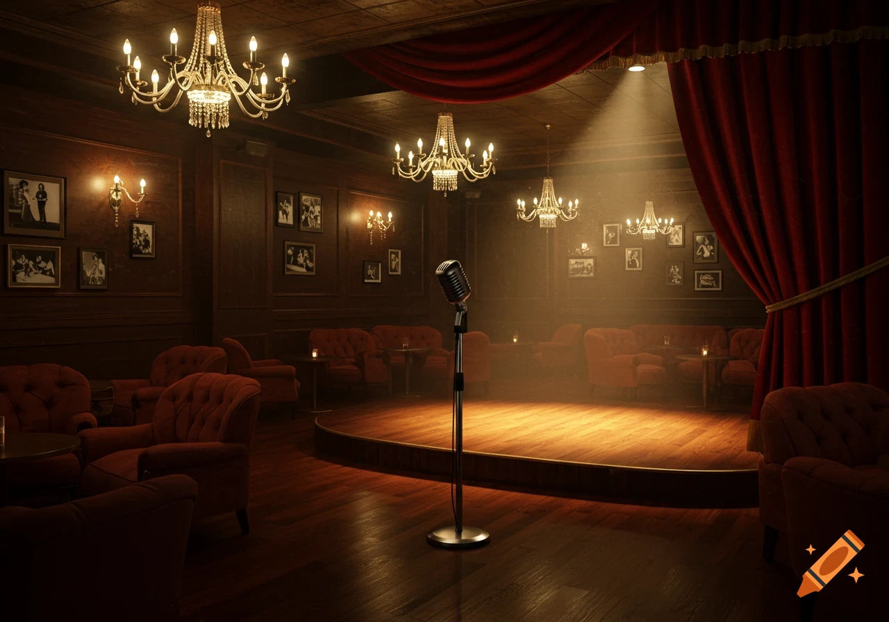 Dimly lit 1950s-style lounge with red velvet chairs, ornate chandeliers ...