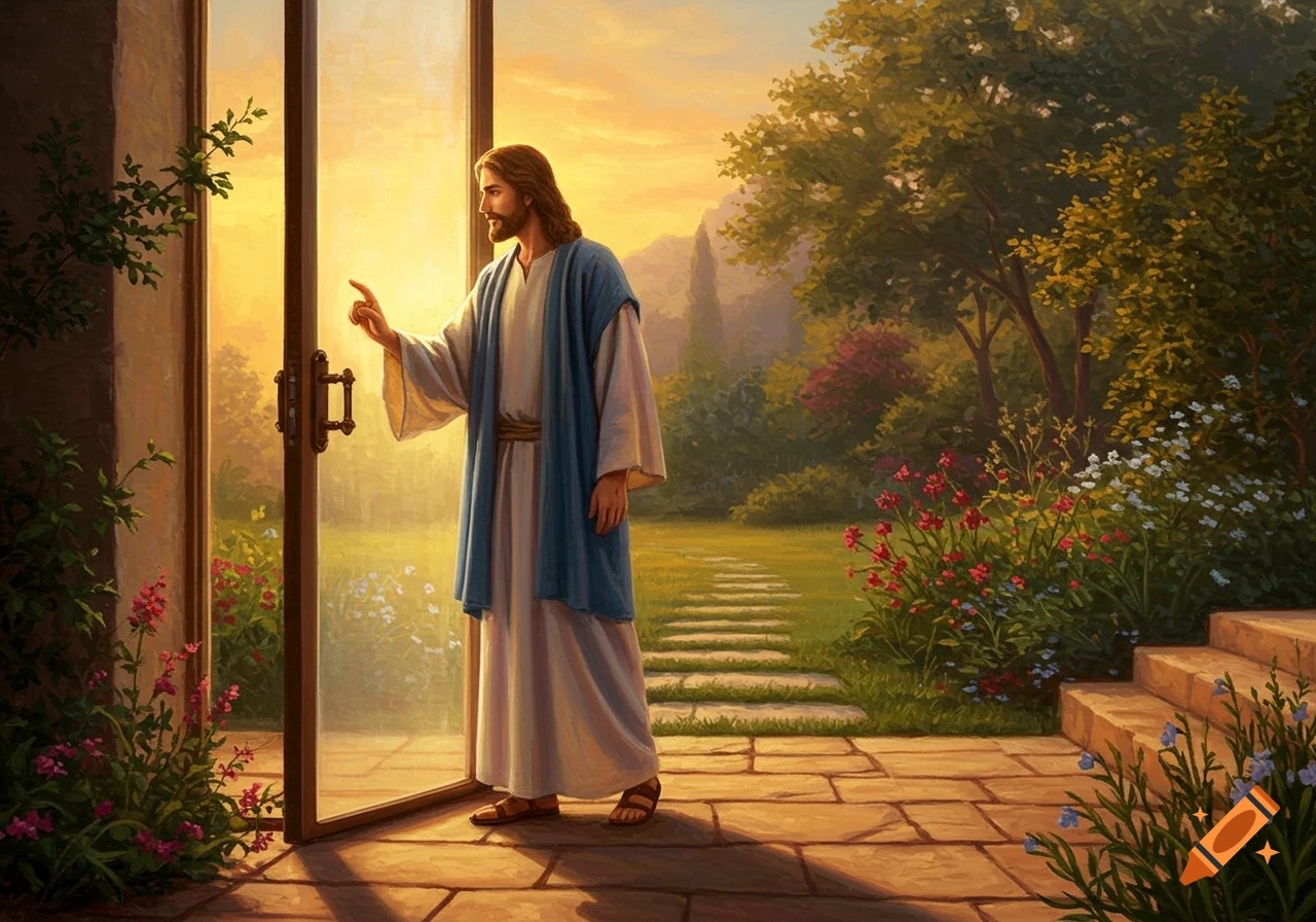 Jesus stands at a sunlit glass door, reaching for the handle, with a ...