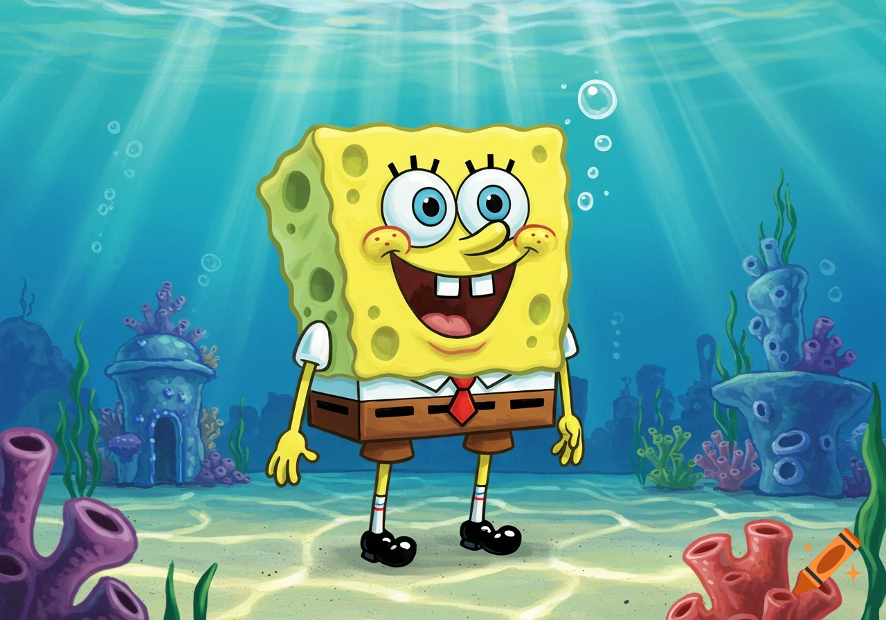 SpongeBob SquarePants stands happily underwater amidst coral and rock ...