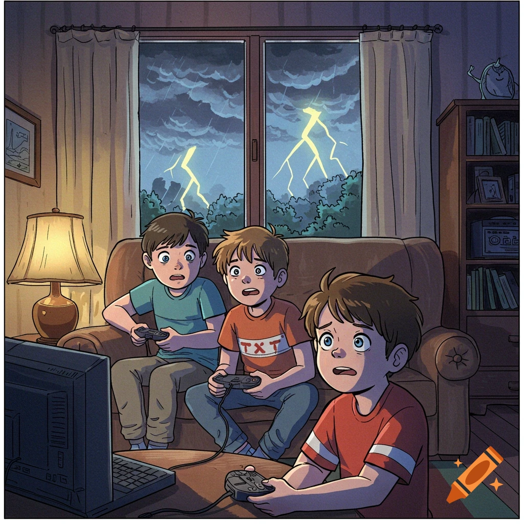 Two boys celebrating a win at an arcade, with tickets and coins falling ...