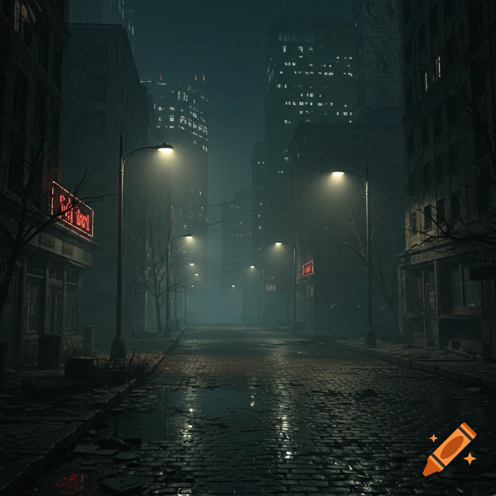 Hyper-realistic, atmospheric image of a dark, foggy, abandoned city ...