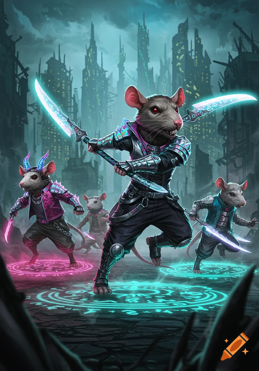 Anthropomorphic rats in futuristic armor with glowing swords stand on ...