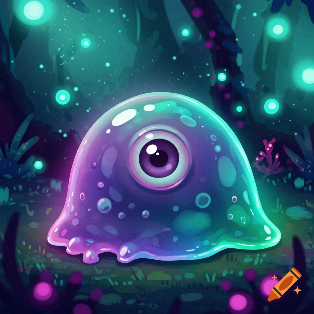A cute, glowing purple and teal one-eyed slime creature on a dark ...