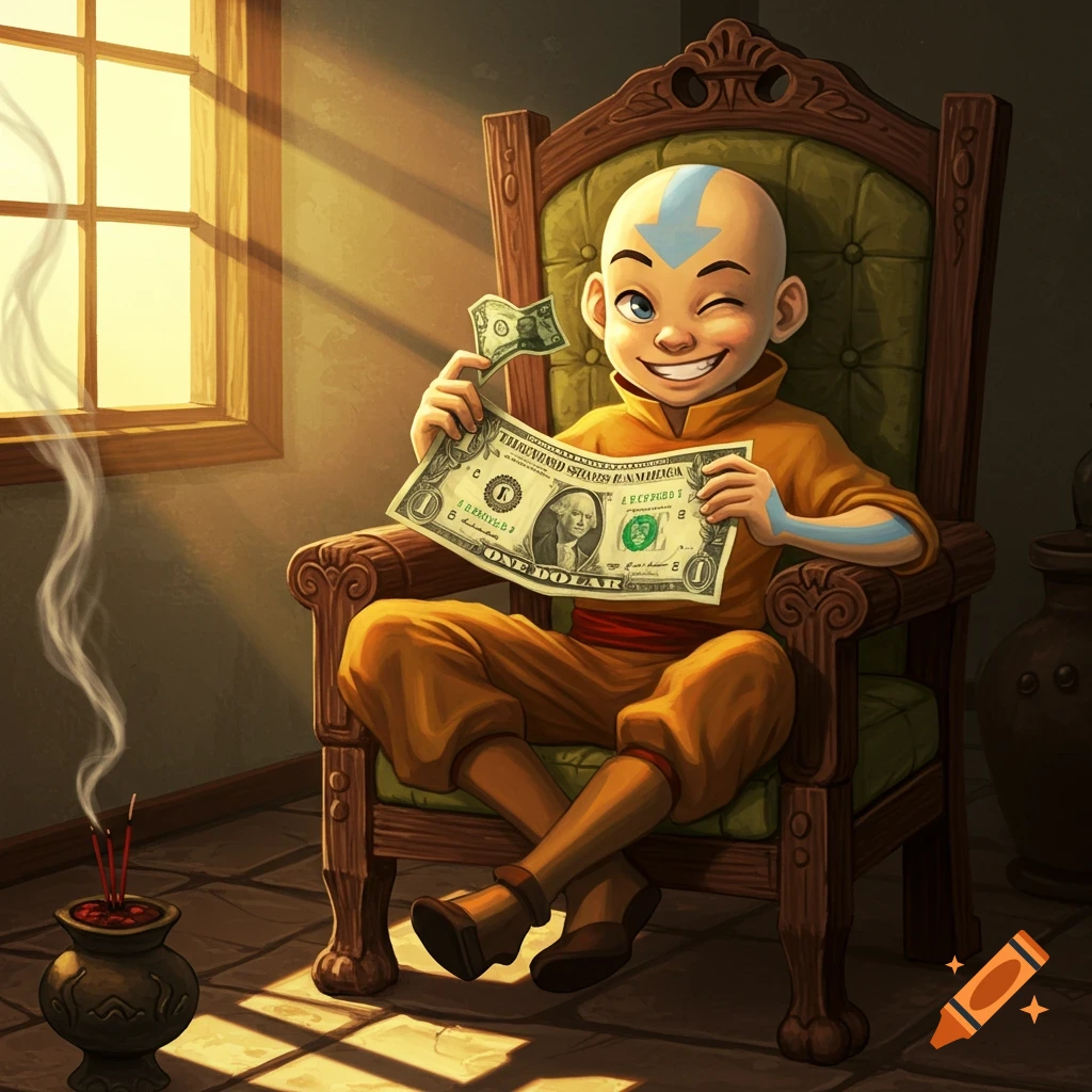 Aang, a bald boy with an arrow tattoo, sits smiling in a chair, holding ...