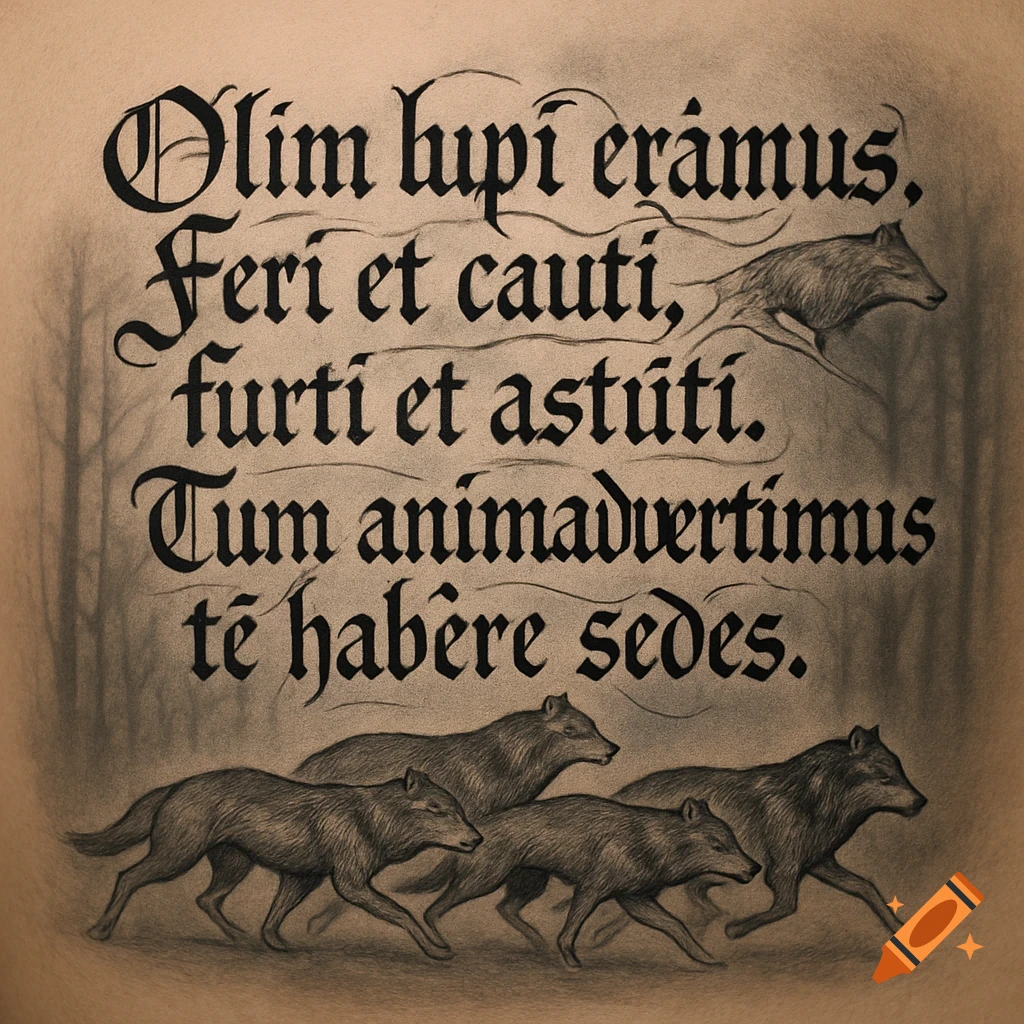Blackletter calligraphy in Latin, 'Olim lupī erāmus...', with three ...