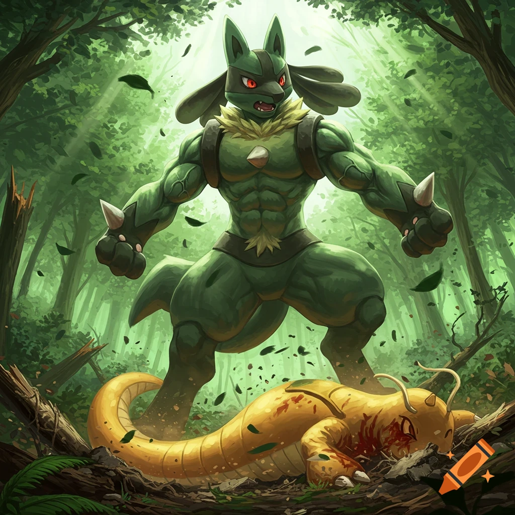 A muscular, angry green Lucario stands triumphantly over a defeated ...