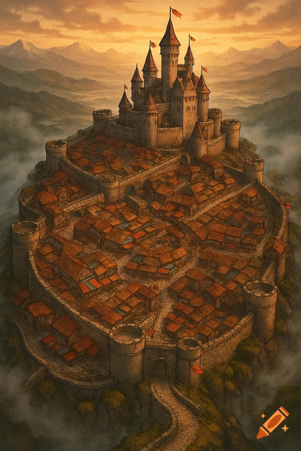 A dark, gothic castle on a misty mountain, accessed by a winding ...