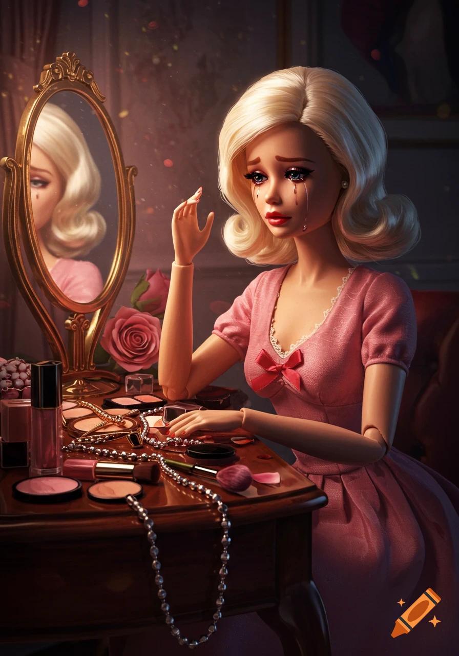 A blonde doll with running mascara sits sadly at a dressing table ...