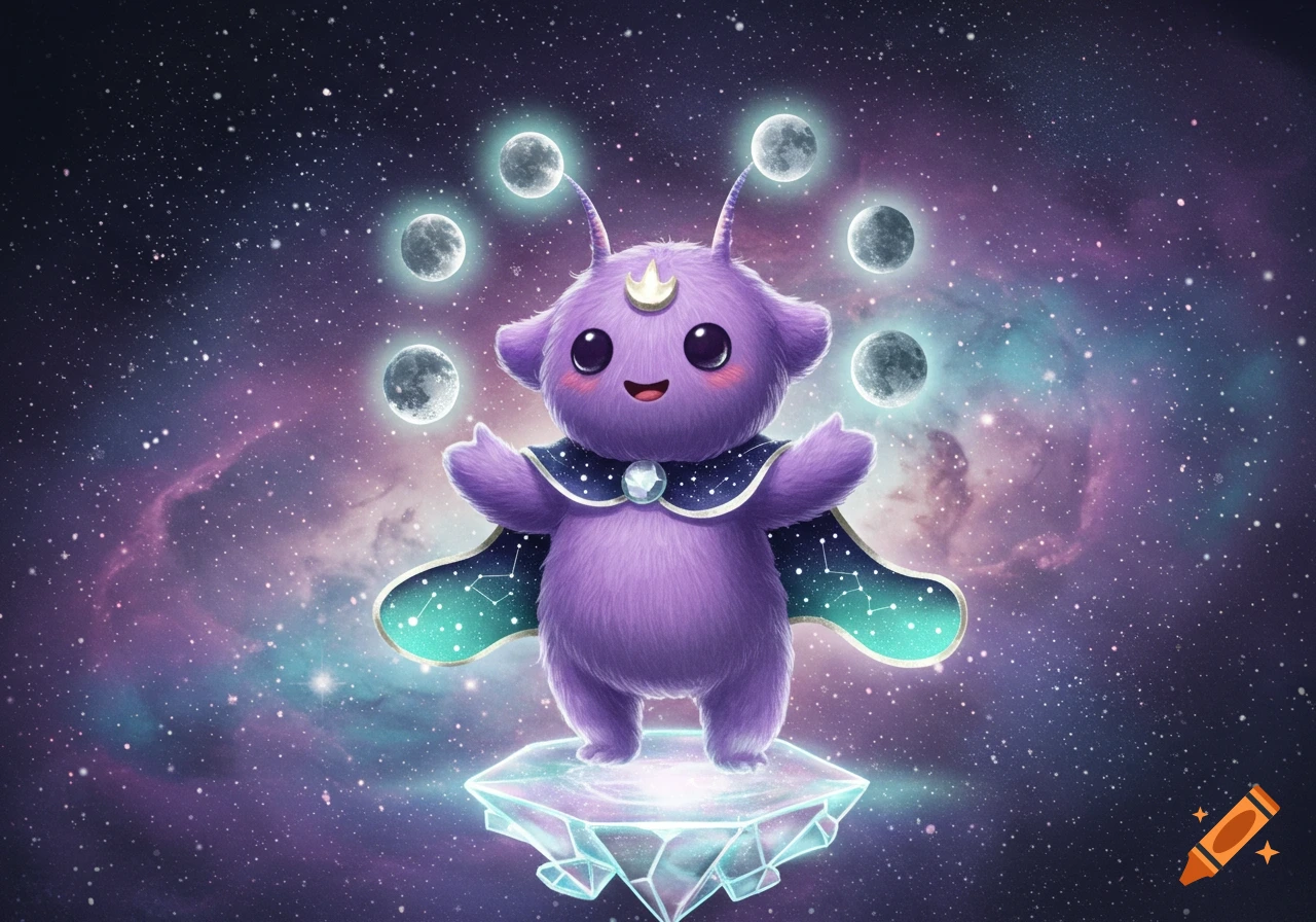 A cute pink alien with large, colorful eyes and antennae floats in ...