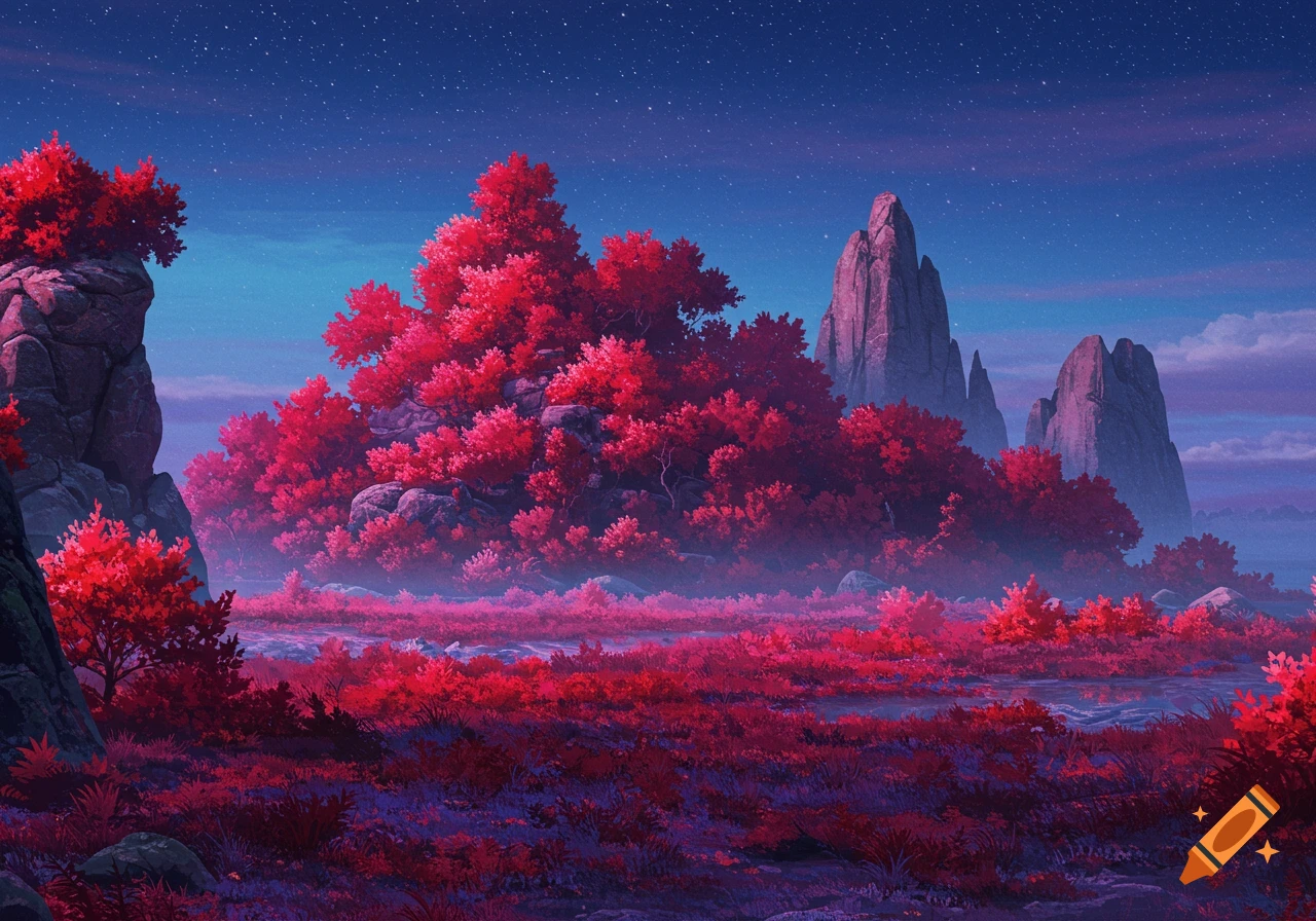 Vibrant pixel art landscape with colorful mountains, a winding river ...