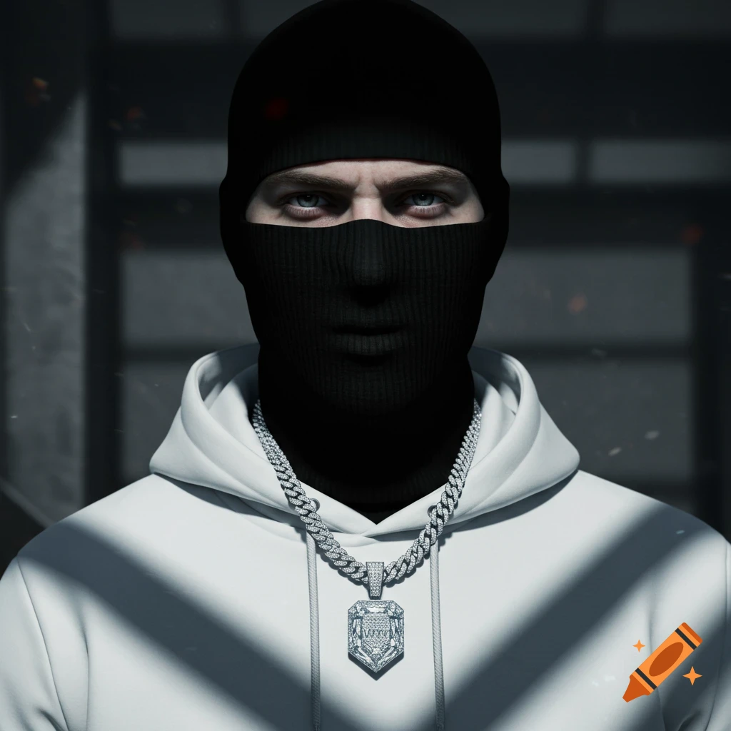 Close-up of a person in a black balaclava and white hoodie, wearing a diamond chain with a large ...