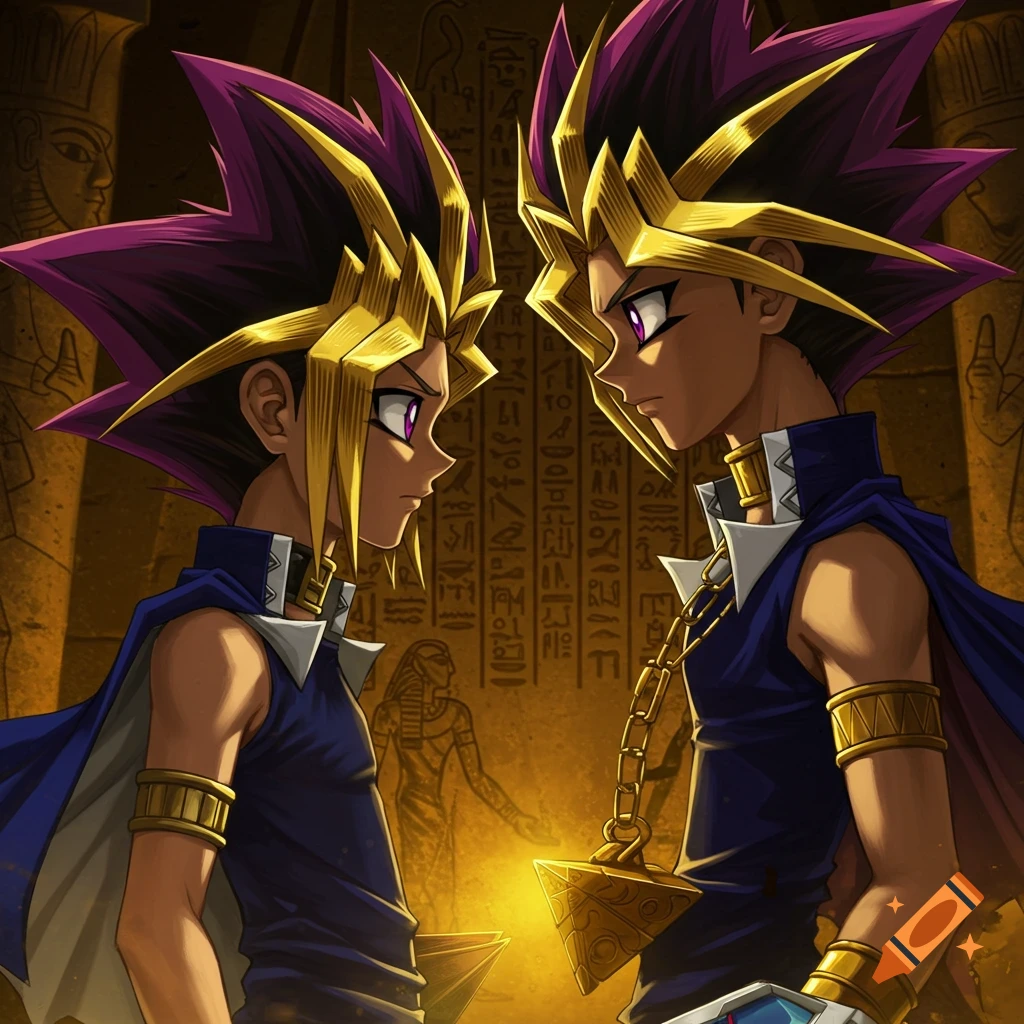 Anime characters Yugi and Yami from Yu-Gi-Oh! facing each other in an ...