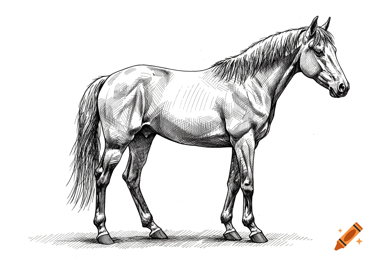 Black and white cross-hatching illustration of a horse standing in ...