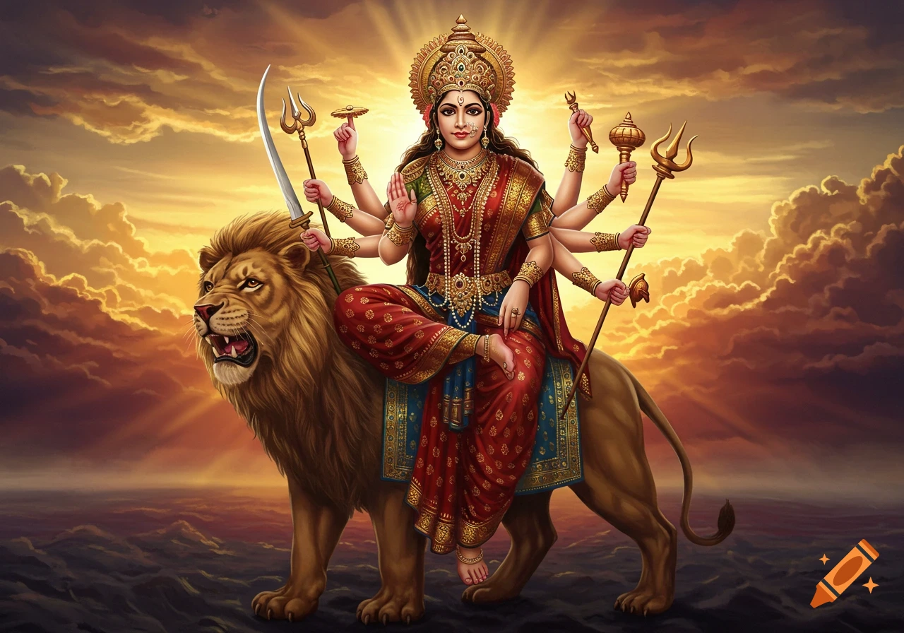 A vibrant illustration of the multi-armed Hindu goddess Chandi ...