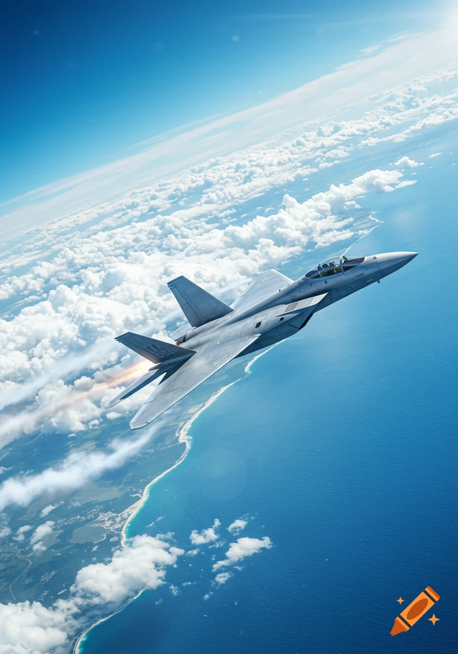 A sleek fighter jet soars through a vibrant red and orange sunset above ...