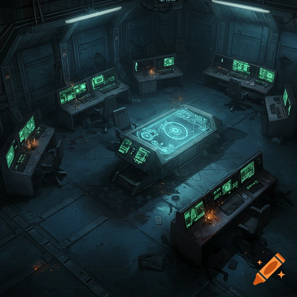 A dark, futuristic command center with glowing green computer screens ...