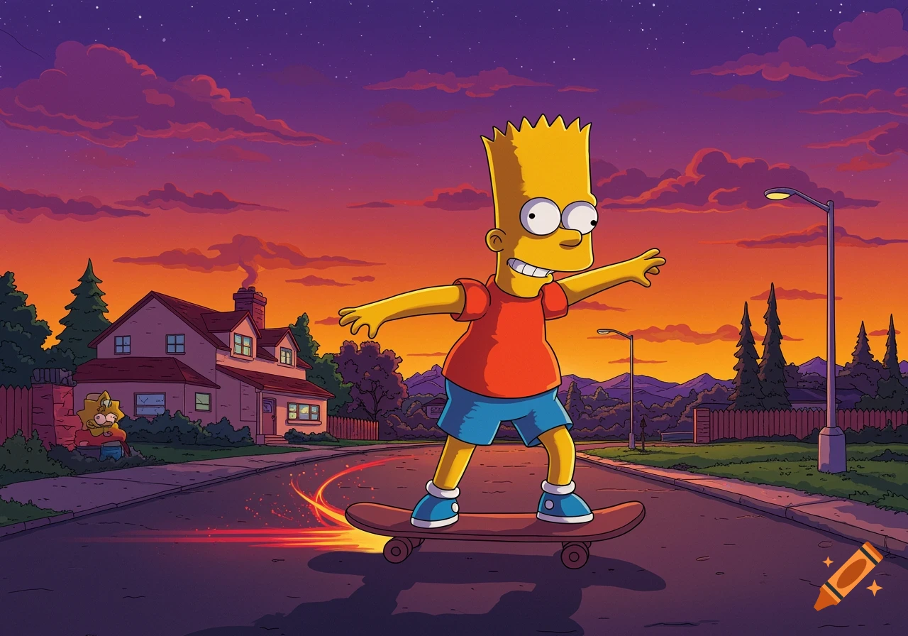 Cartoon illustration of Bart Simpson skateboarding in a city street at ...