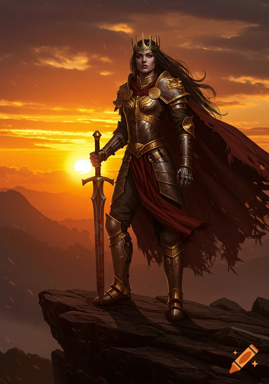 A warrior queen in golden and dark armor with a red cape, holding a ...