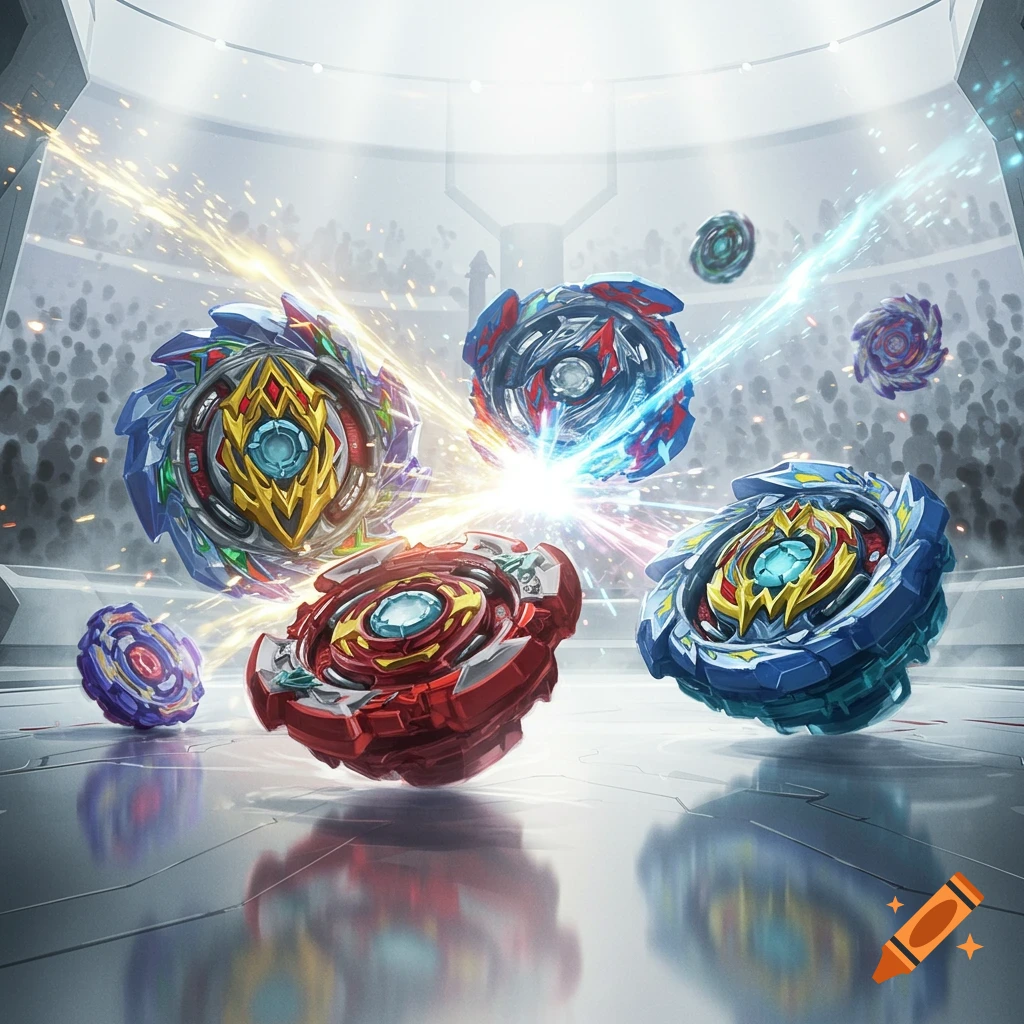 Three vibrant Beyblade tops battling in a futuristic arena, with sparks ...