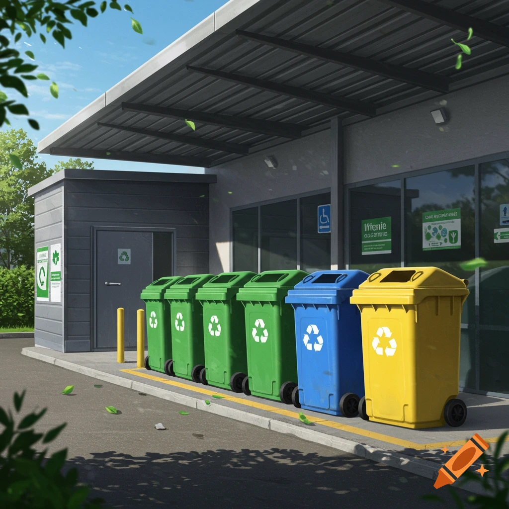 A clean row of green, blue, and yellow recycling bins outside a modern ...