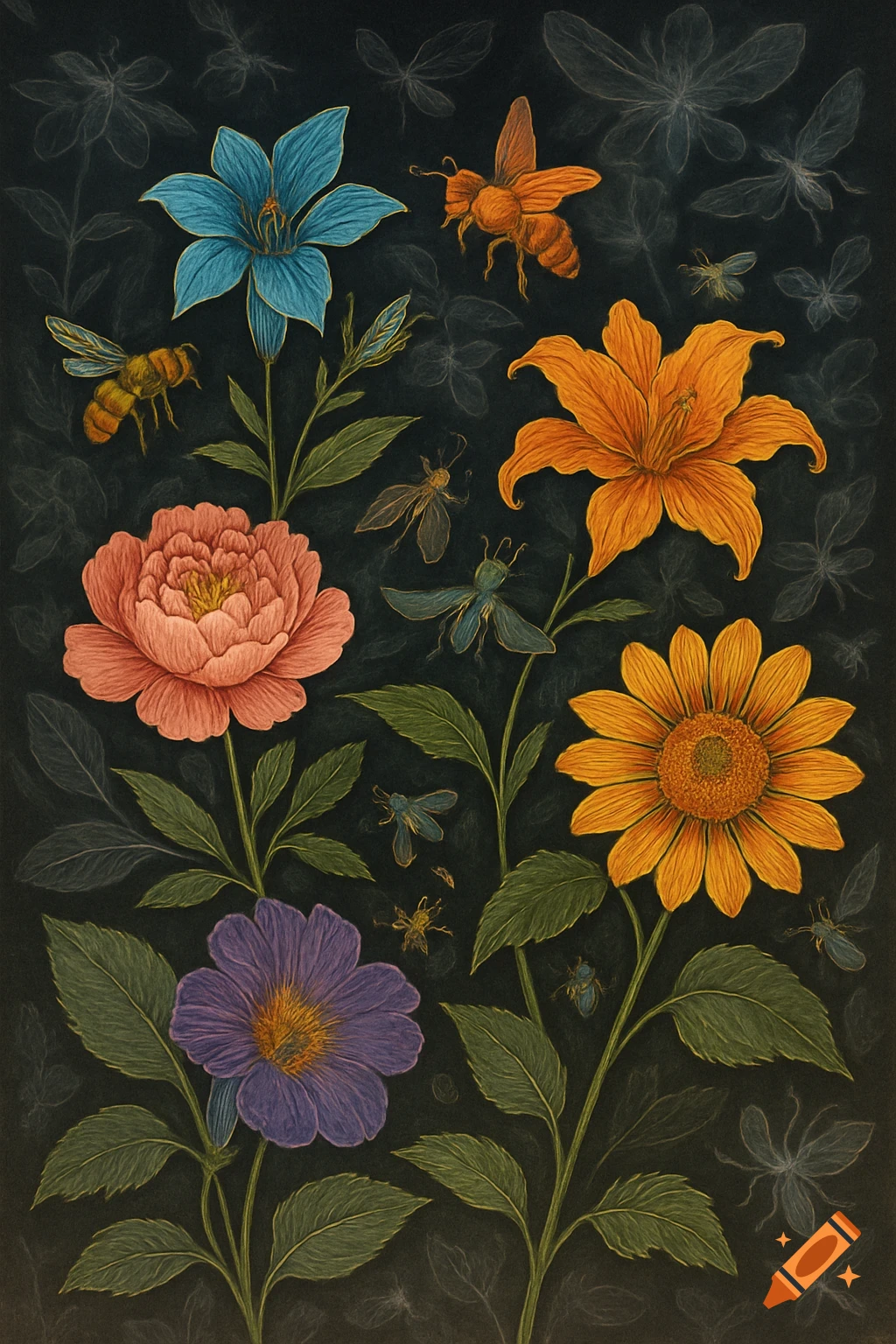 Raven in a colorful peacock feather cloak with a silver brooch on Craiyon