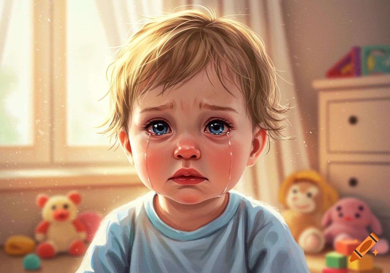Close-up illustration of a crying toddler with blue eyes, tears, and a ...