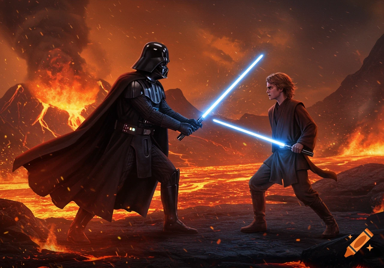 Darth Vader and Anakin Skywalker duel with blue lightsabers on a ...