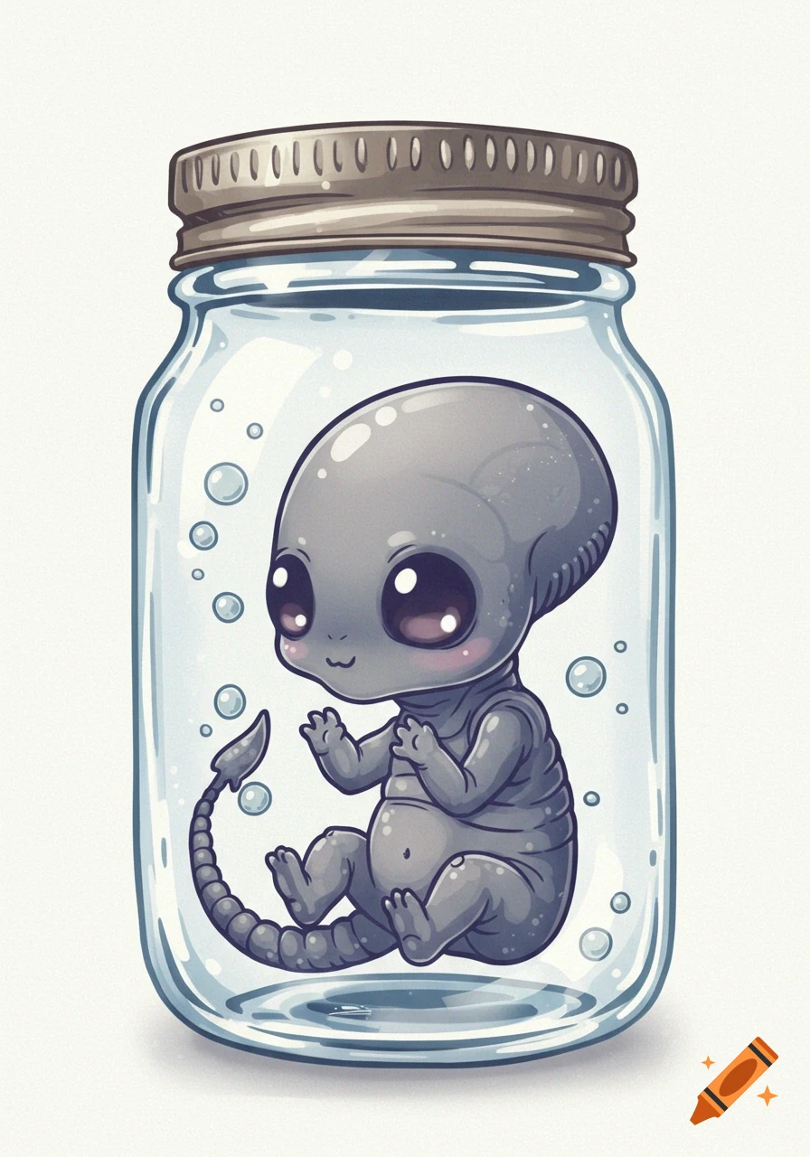 Cartoon illustration of a cute baby xenomorph alien with large eyes and ...