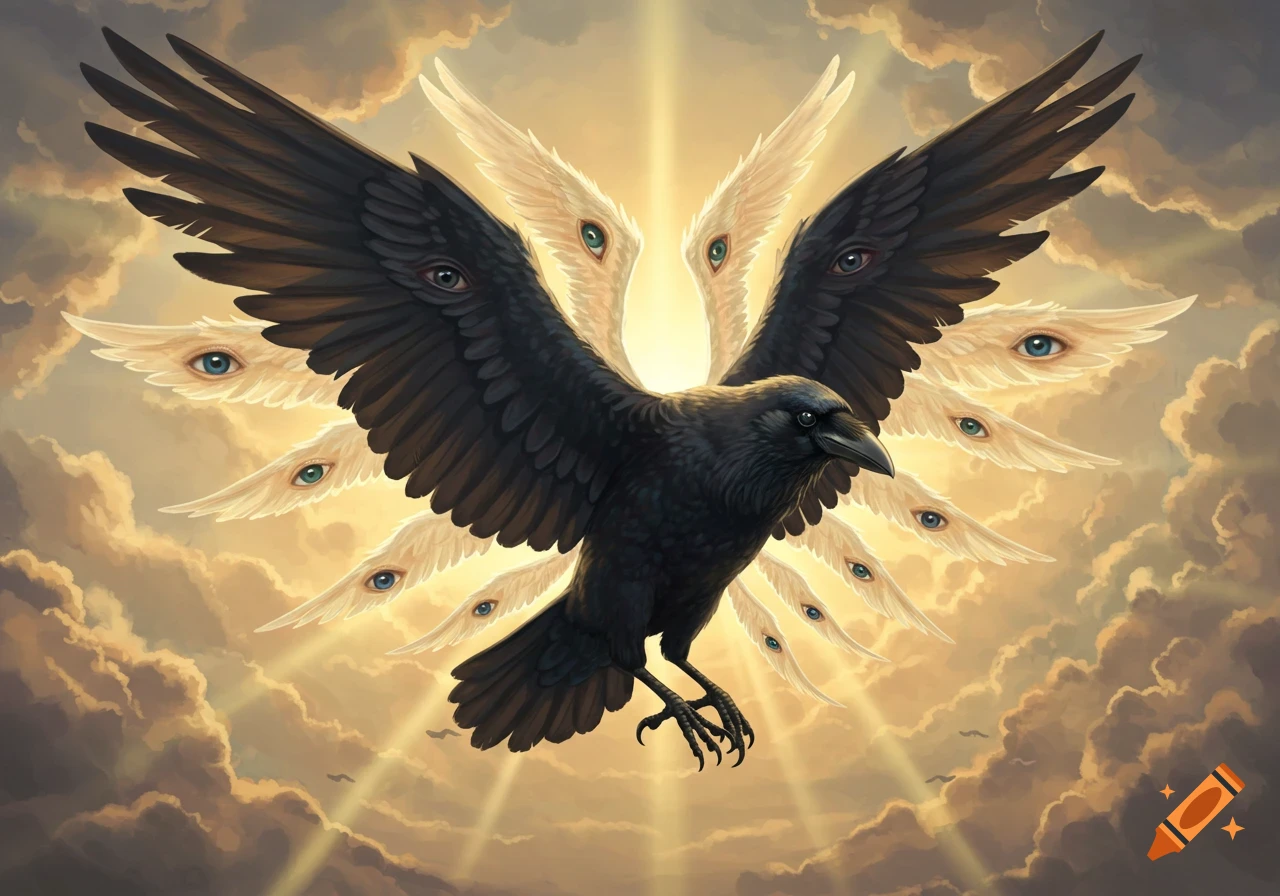 A black crow with multiple white, eye-adorned wings flying in a sunlit ...