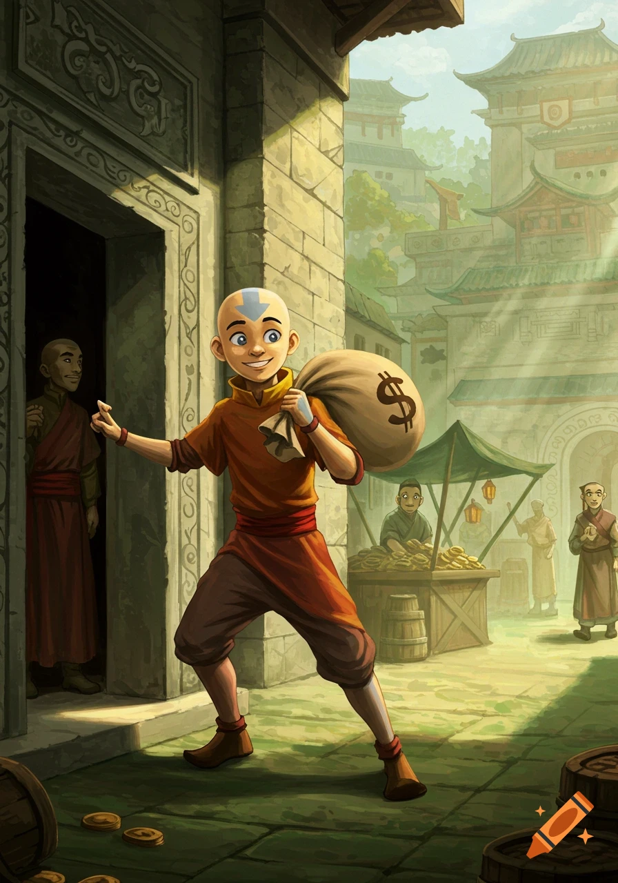Aang from Avatar: The Last Airbender tiptoes from a building in an ...